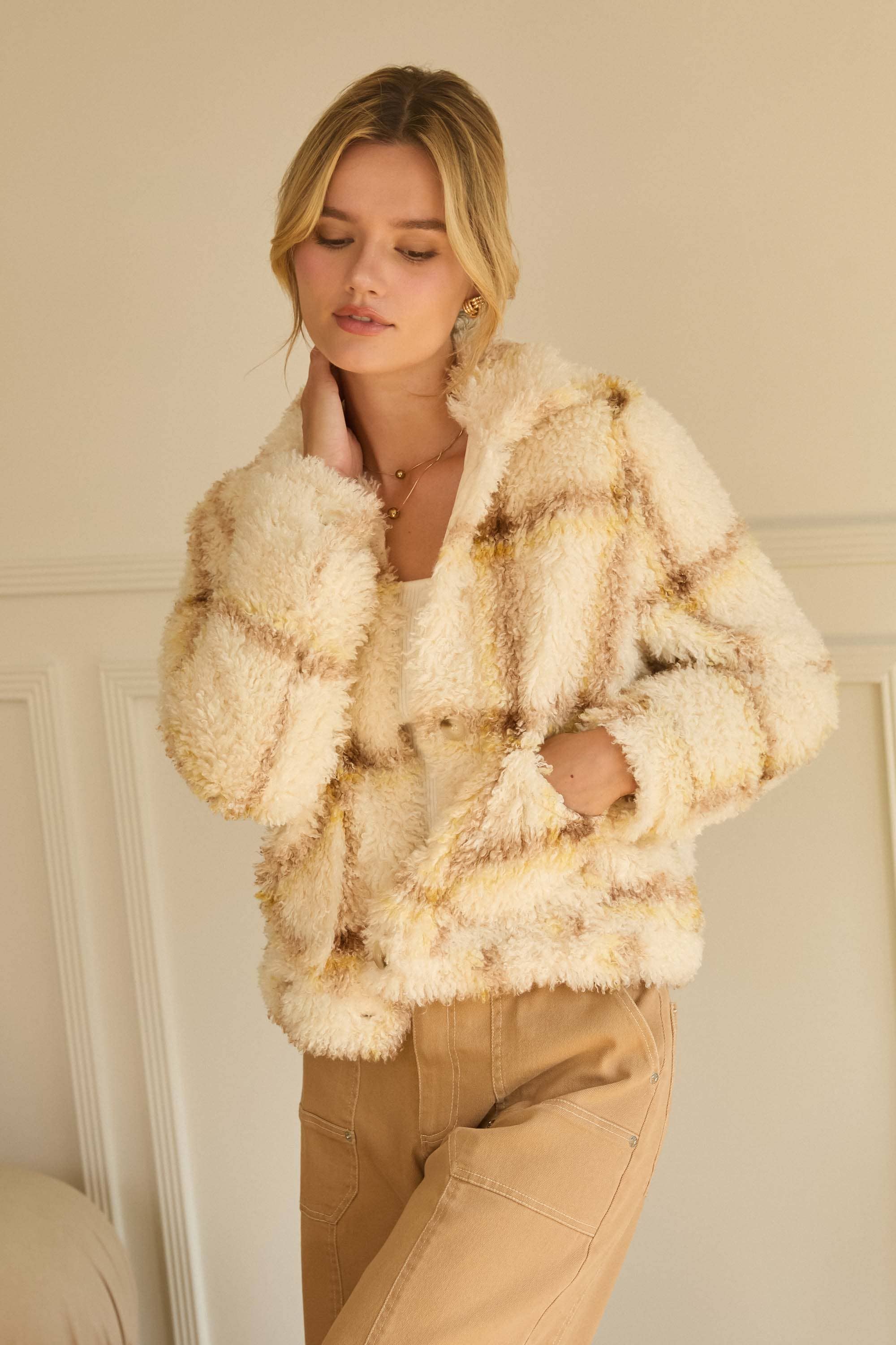 SHERPA PLAID BUTTON DOWN SHIRT JACKET - CREAM – LiLi + KoKo Boutique ...