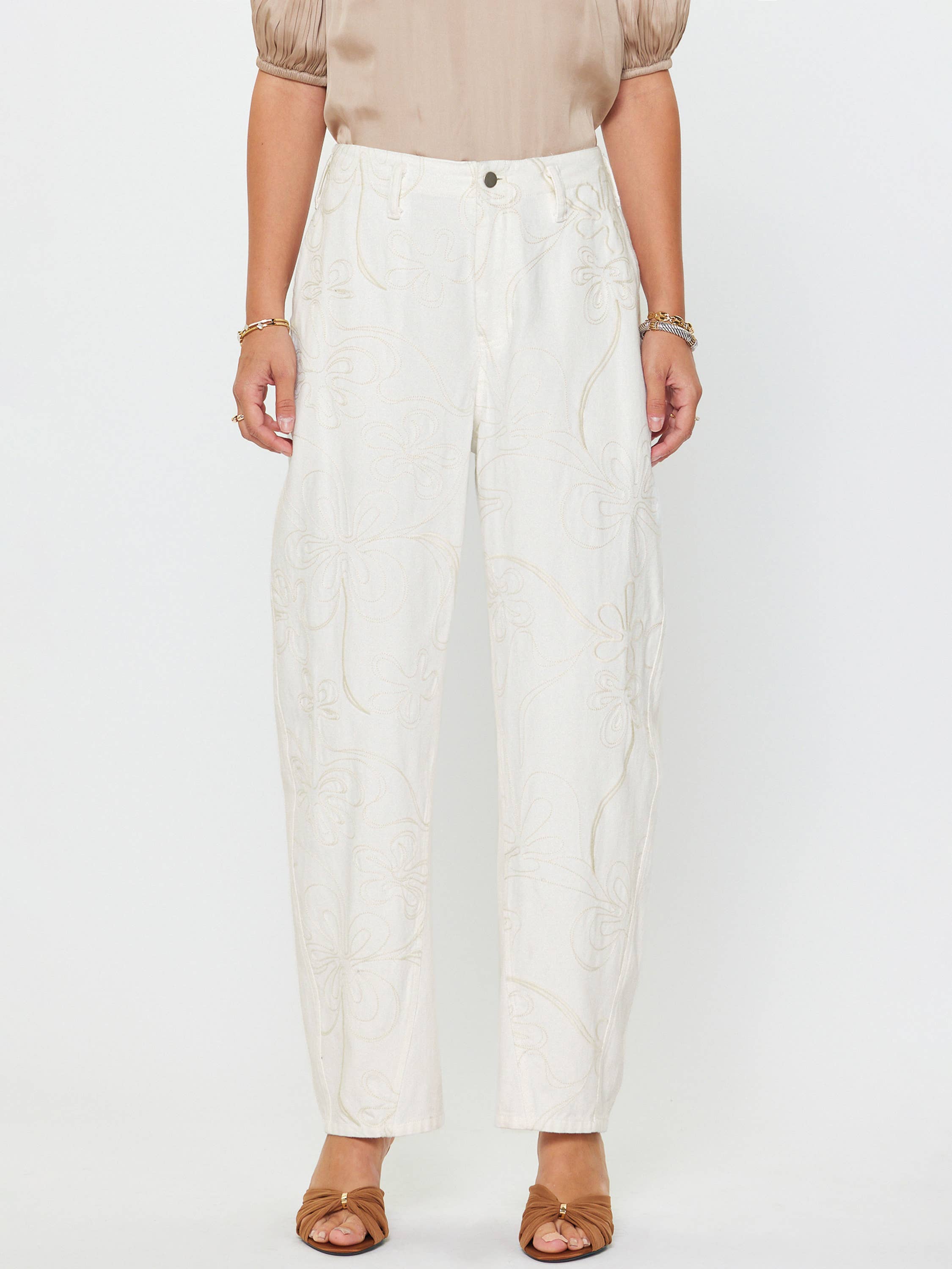 FLORAL EMBROIDERED BARREL JEANS - WHITE – LiLi + KoKo Boutique + Bubbles